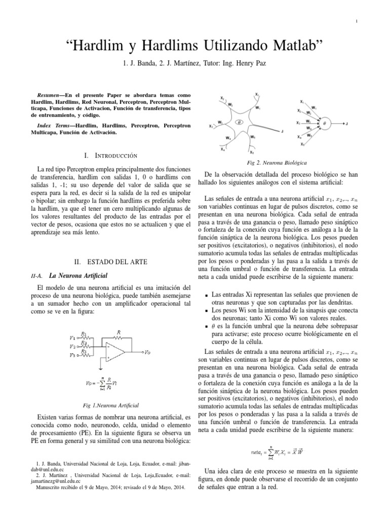Hardlim Hardlims en Matlab | PDF | Sinapsis | Red neuronal artificial