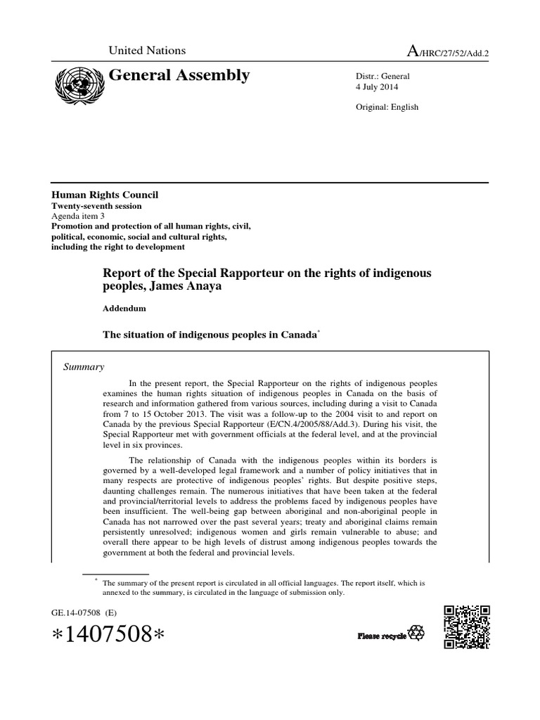 The Situation of Indigenous Peoples in Canada. Report UNSR James Anaya ...