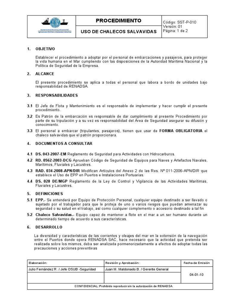 Procedimiento Uso de Chalecos Salvavidas - Incluir en Procedimiento ...