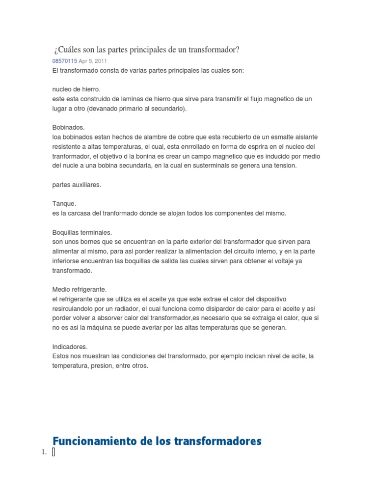 Cuáles Son Las Partes Principales de Un Transformador | PDF ...