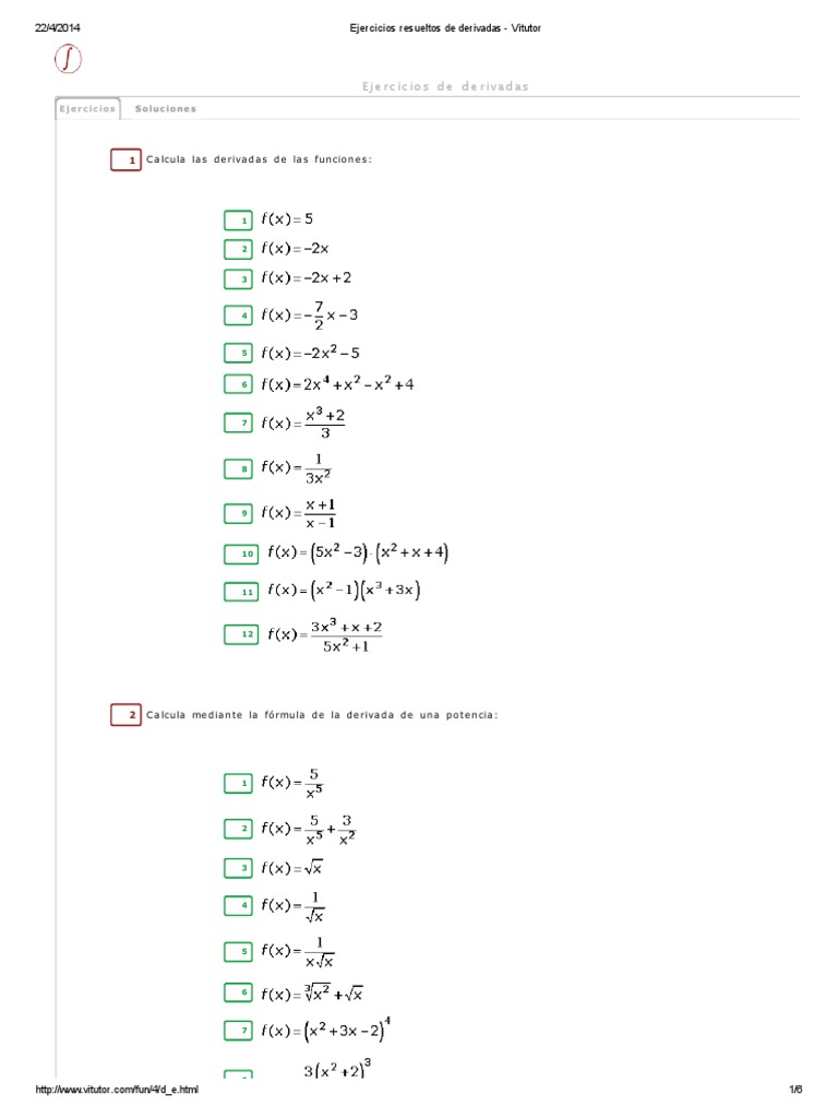 Ejercicios Resueltos de Derivadas - Vitutor | PDF