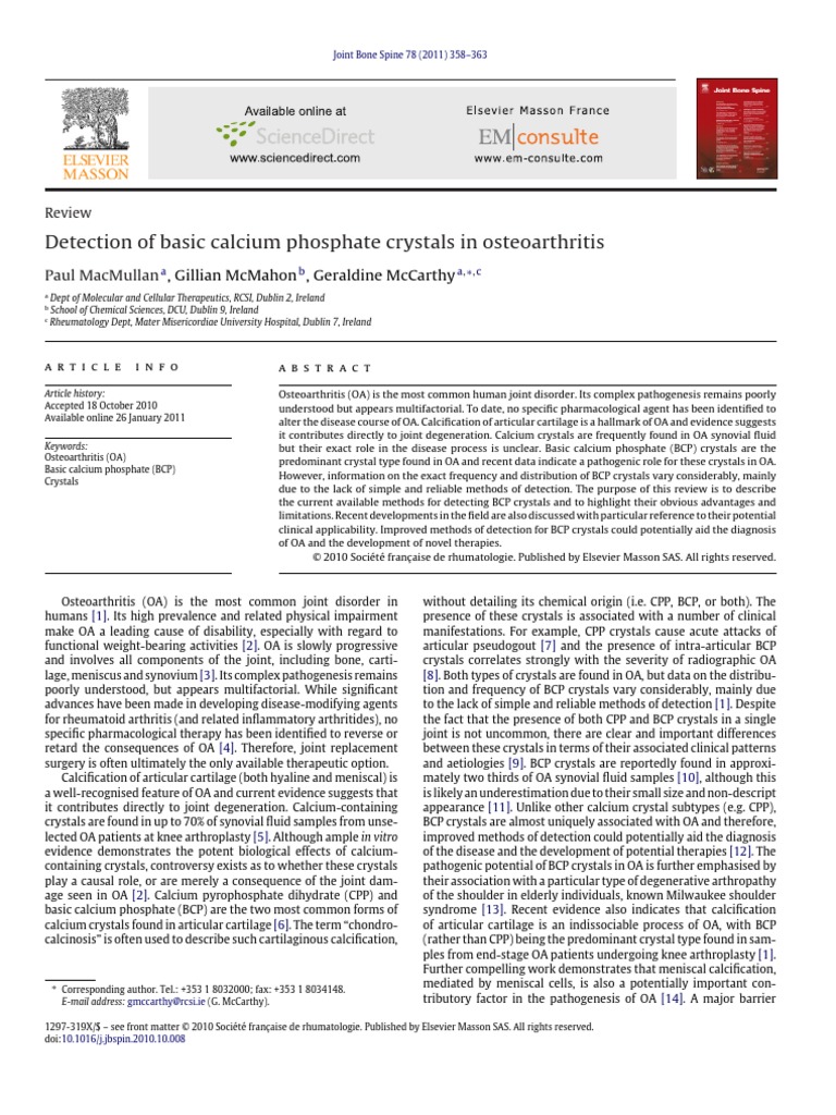 Detection of Basic Calcium Phosphate Crystals in Osteoarthritis | PDF ...