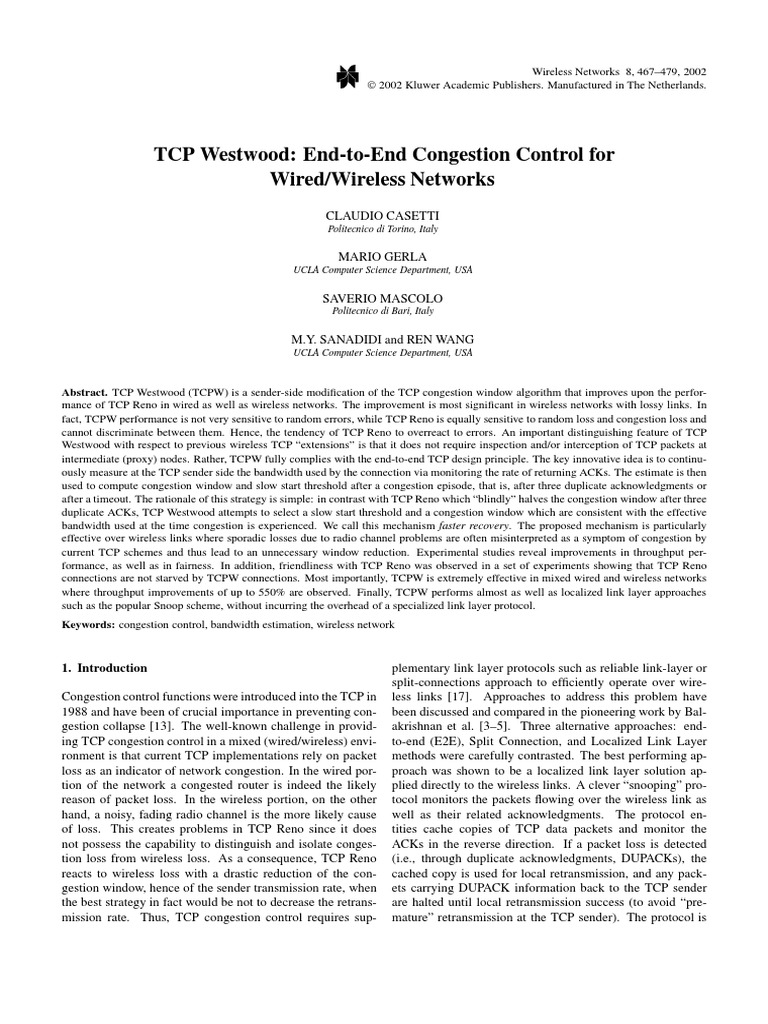 TCP Westwood: End-to-End Congestion Control For Wired/Wireless Networks | PDF | Network ...