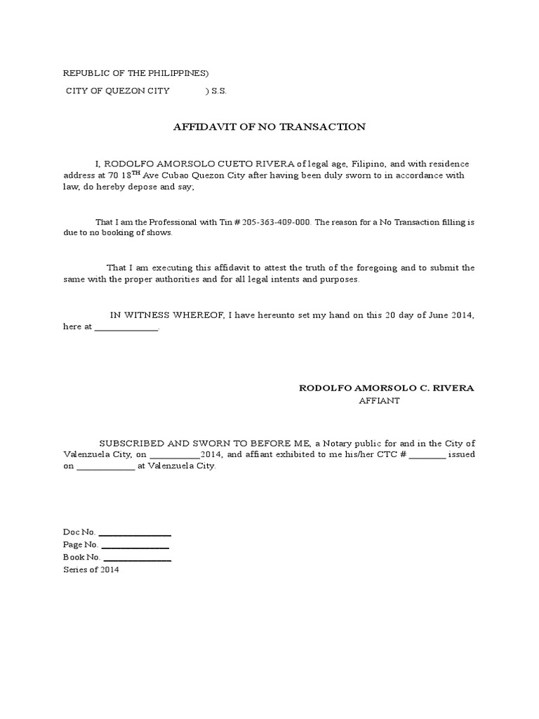 Affidavit of No Transaction for BIR | PDF