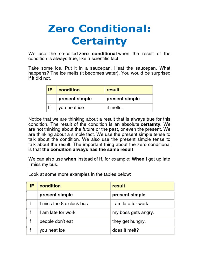 Zero Conditional: Certainty: IF Condition Result Present Simple Present ...