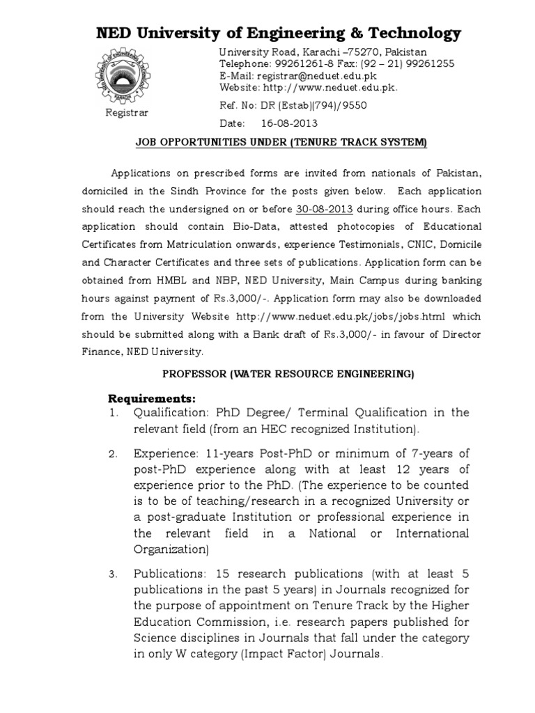 NED University of Engineering & Technology: Job Opportunities Under ...