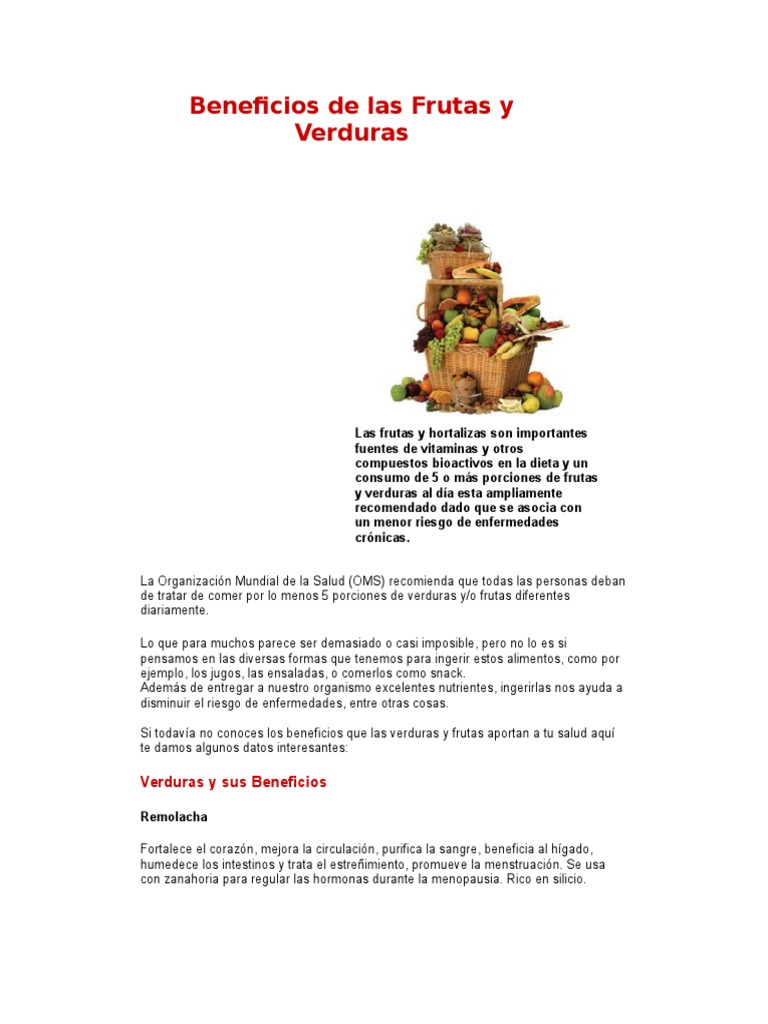 Beneficios de Las Frutas y Verduras | PDF | Vegetales | Vitamina
