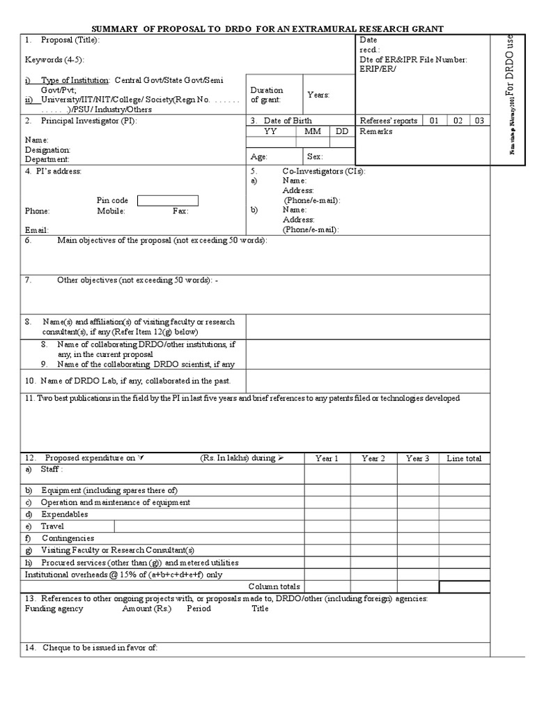 Summary of Proposal To Drdo For An Extramural Research Grant | PDF