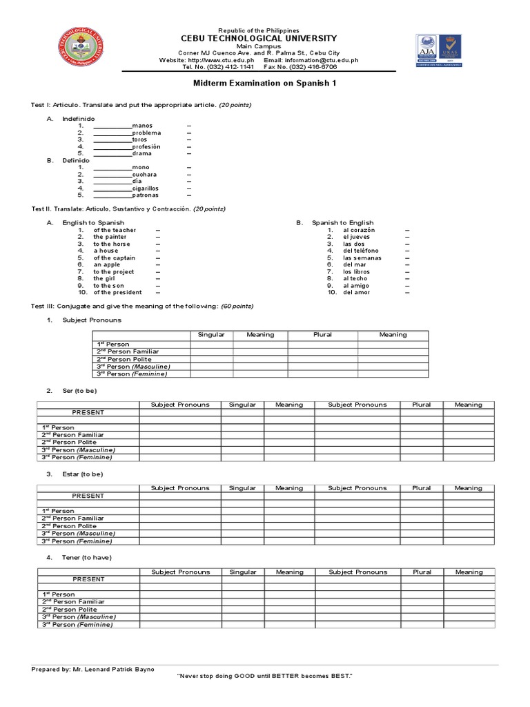 Spanish 1 Midterm Exam Overview | PDF | Teaching Methods & Materials