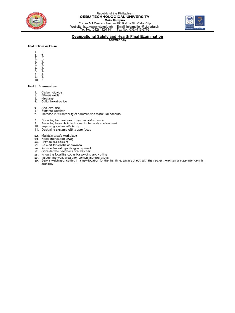OSH Final Examination Answer Keys | PDF