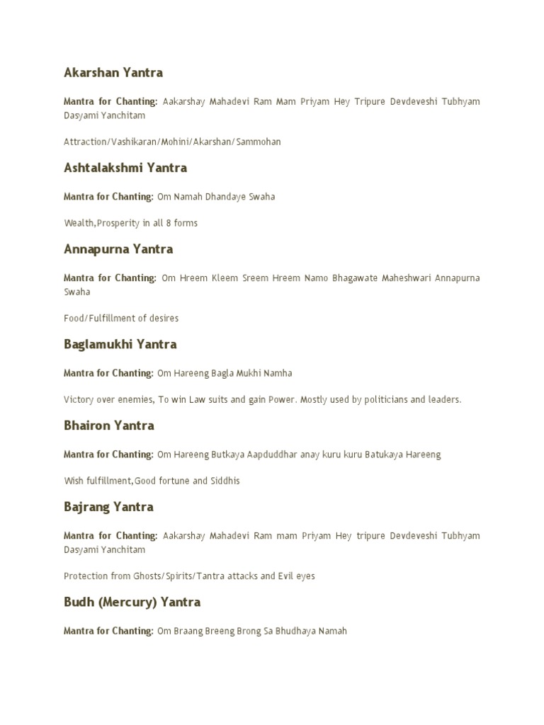 Akarshan Yantra and Mantras Guide | PDF