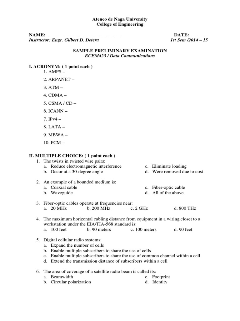 Sample Prelim Exam | PDF | Osi Model | Network Topology