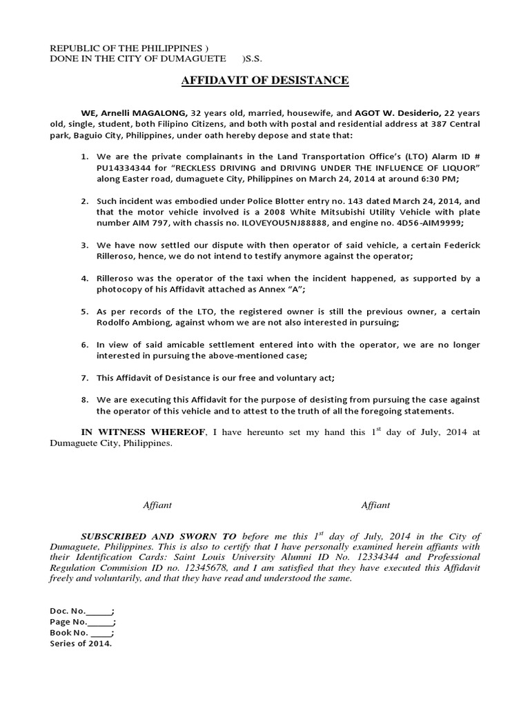 affidavit of desistance | Affidavit | Philippines