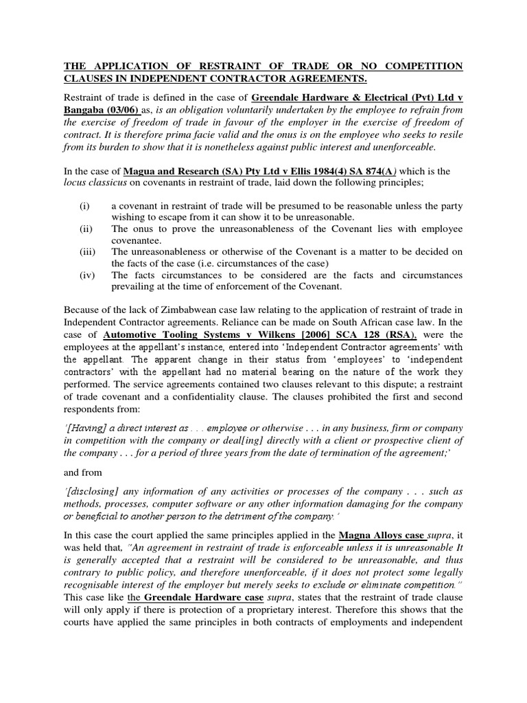 The Application of Restraint of Trade or No Competition Clauses in ...