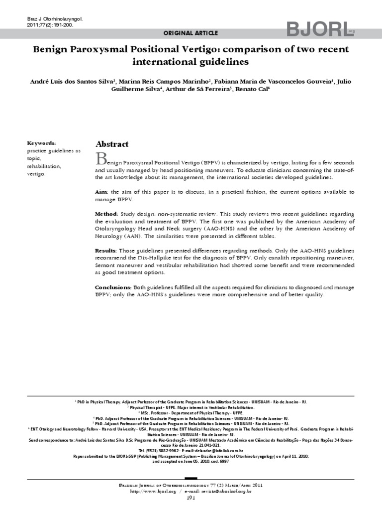Benign Paroxysmal Positional Vertigo Journal Comparison of Two Recent ...