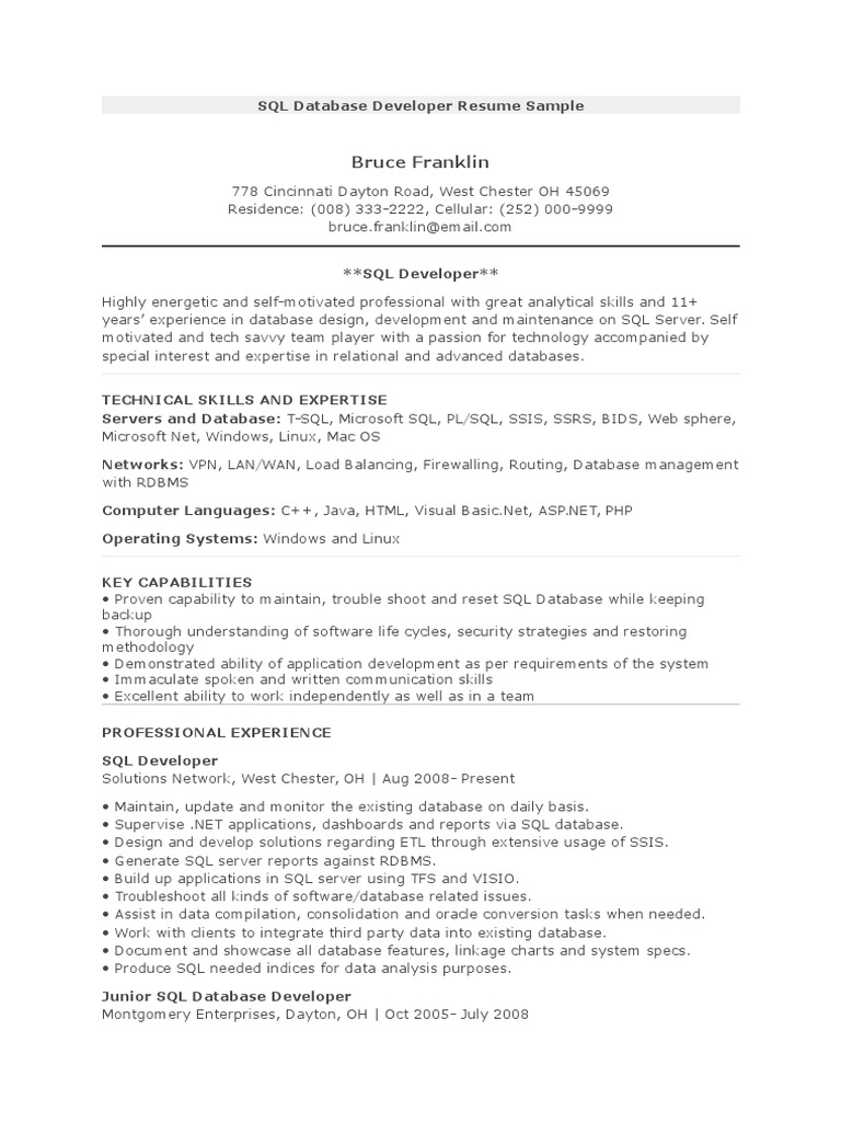 Sql Database Developer Resume Sample Pdf Computer Data Project
