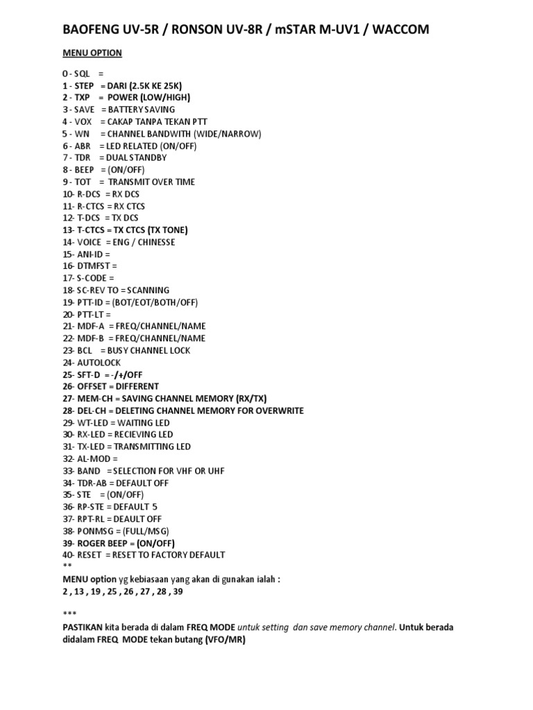 Baofeng UV-5R Menu Options Guide | PDF