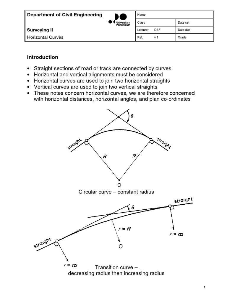 Department of Civil Engineering: Horizontal Curves | PDF | Angle | Tangent