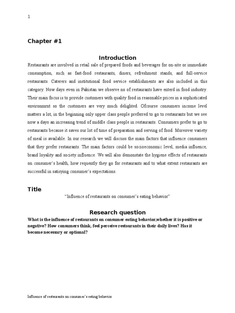 Chapter #1: Influence of Restaurants On Consumer's Eating Behavior ...