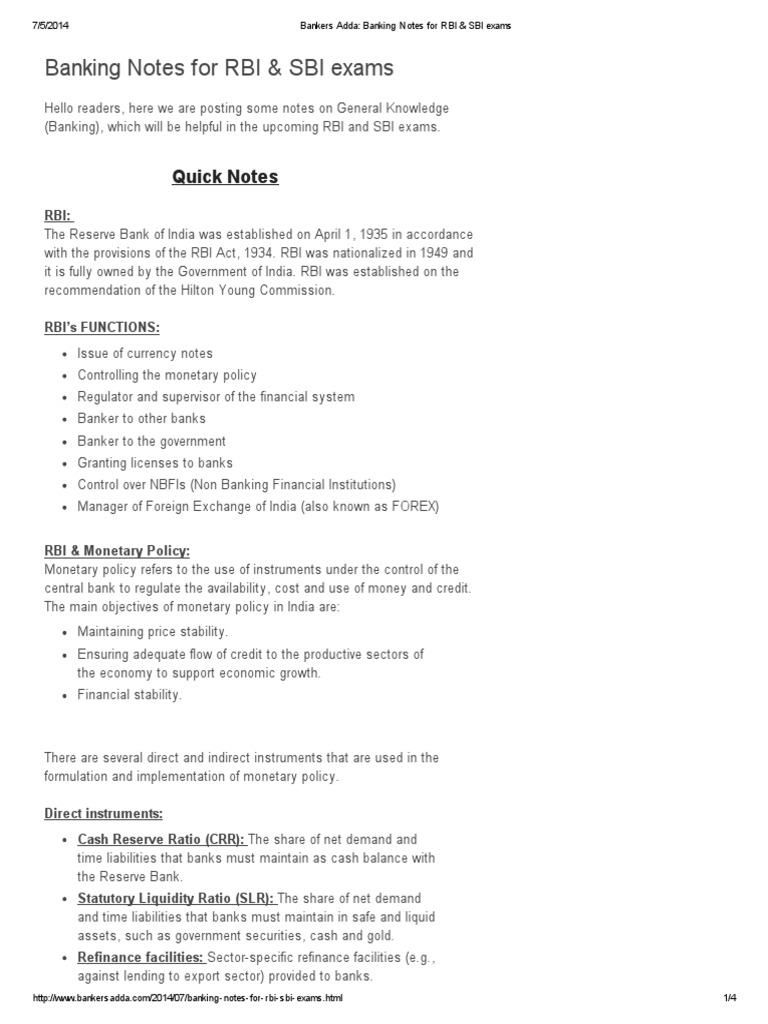 Bankers Adda - Banking Notes For RBI & SBI Exams | PDF | Reserve Bank ...