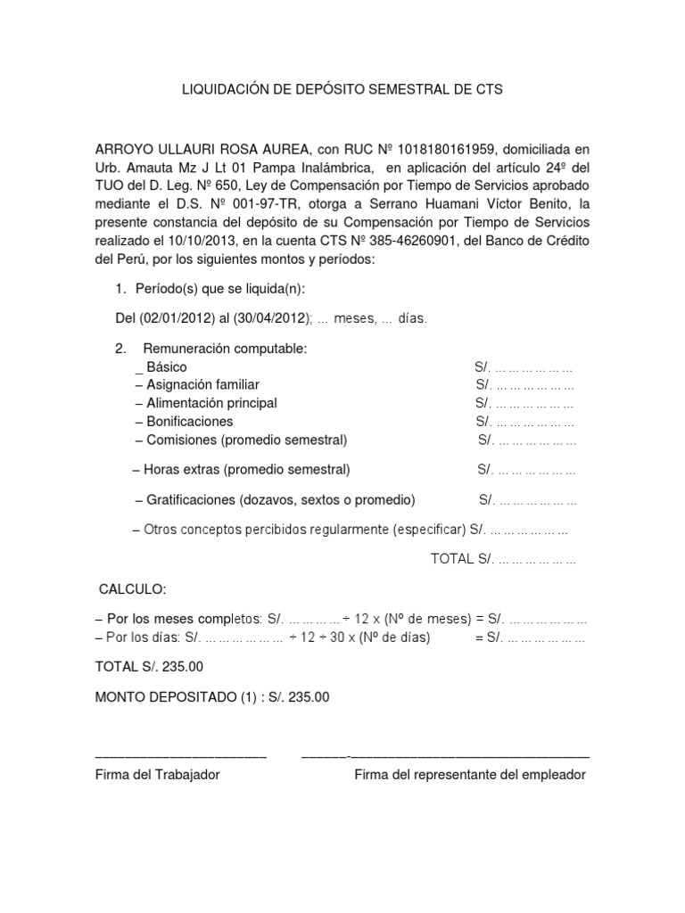 Liquidación de Depósito Semestral de Cts | PDF | Finanzas y dinero
