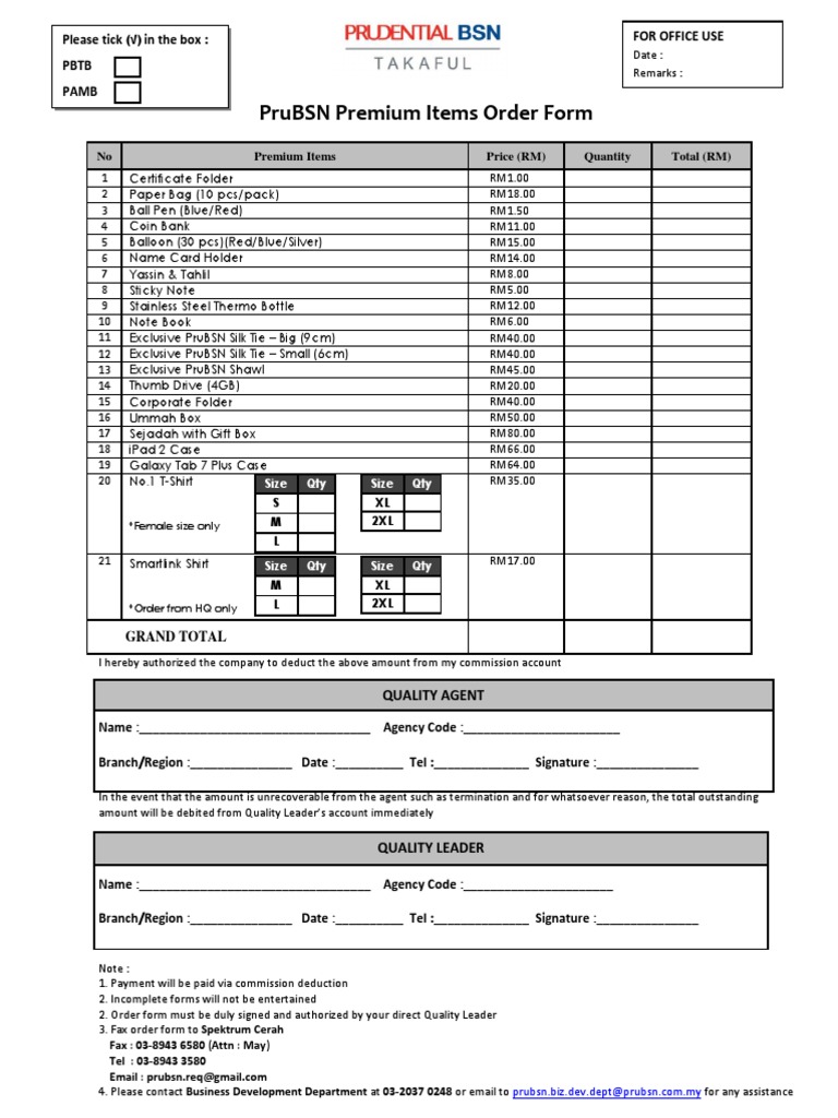 PruBSN Premium Items Order Form | PDF | Business | Science