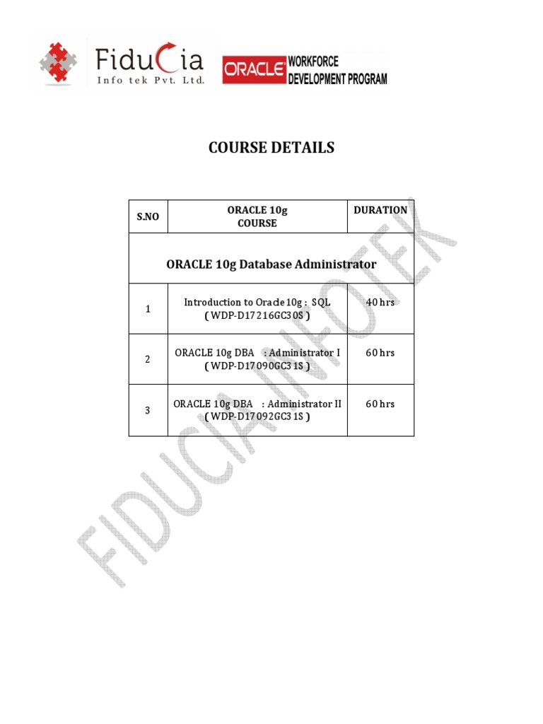 Course Details: ORACLE 10g Database Administrator | PDF | Teaching ...