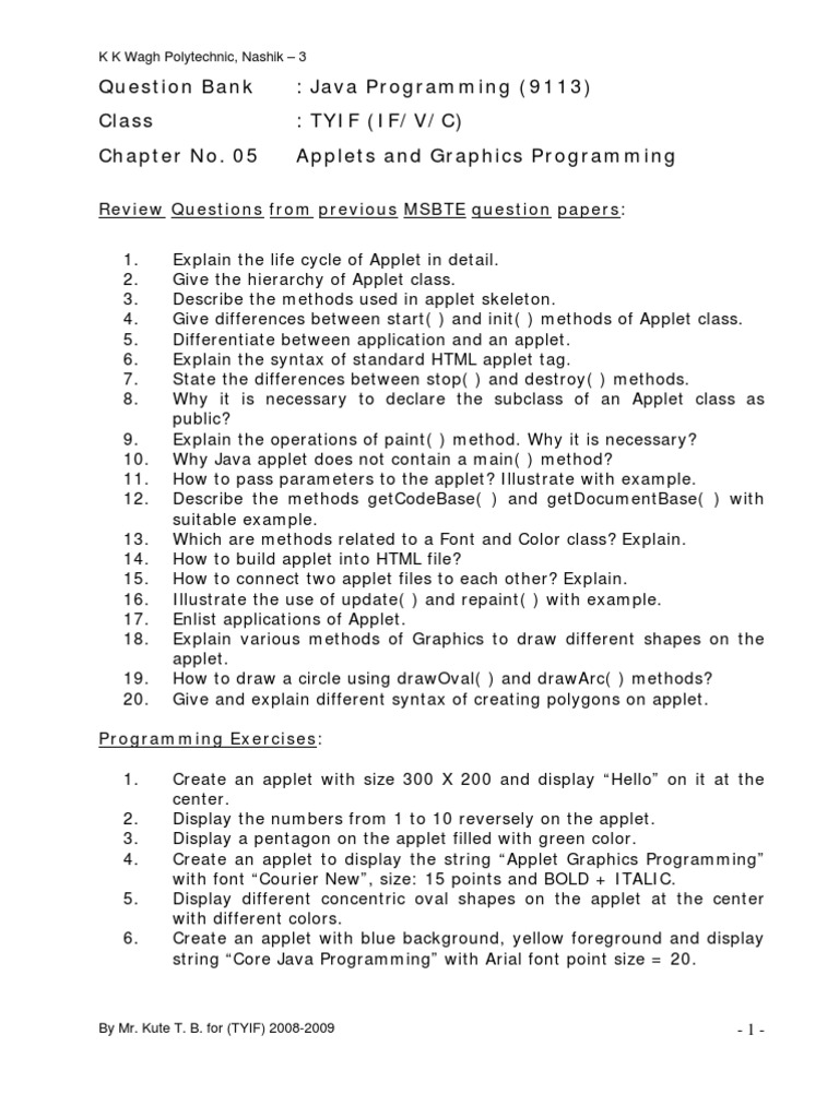 Question Bank Java Programming 9113 Class Tyif Ifvc Chapter No 05 Applets And Graphics