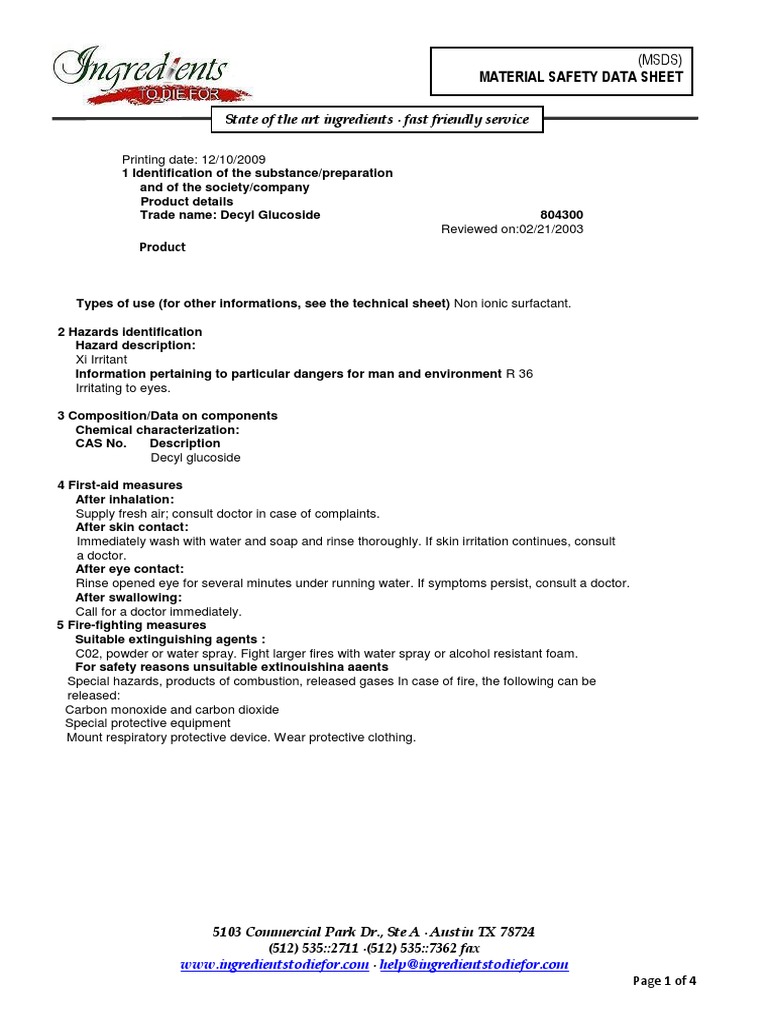 Decyl Glucoside MSDS | Chemistry | Materials
