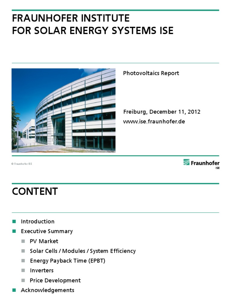 Fraunhofer Institute For Solar Energy Systems Ise: Photovoltaics Report ...