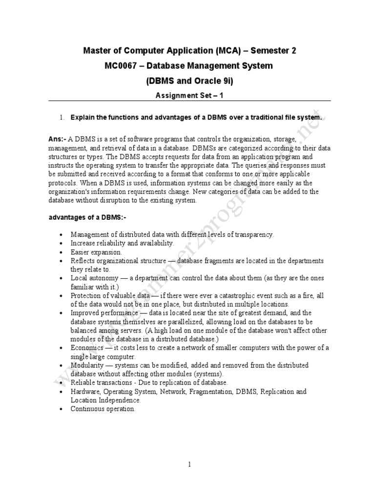SEM 2 MC0067 Database Management System DBMS Oracle9i | PDF | Databases ...