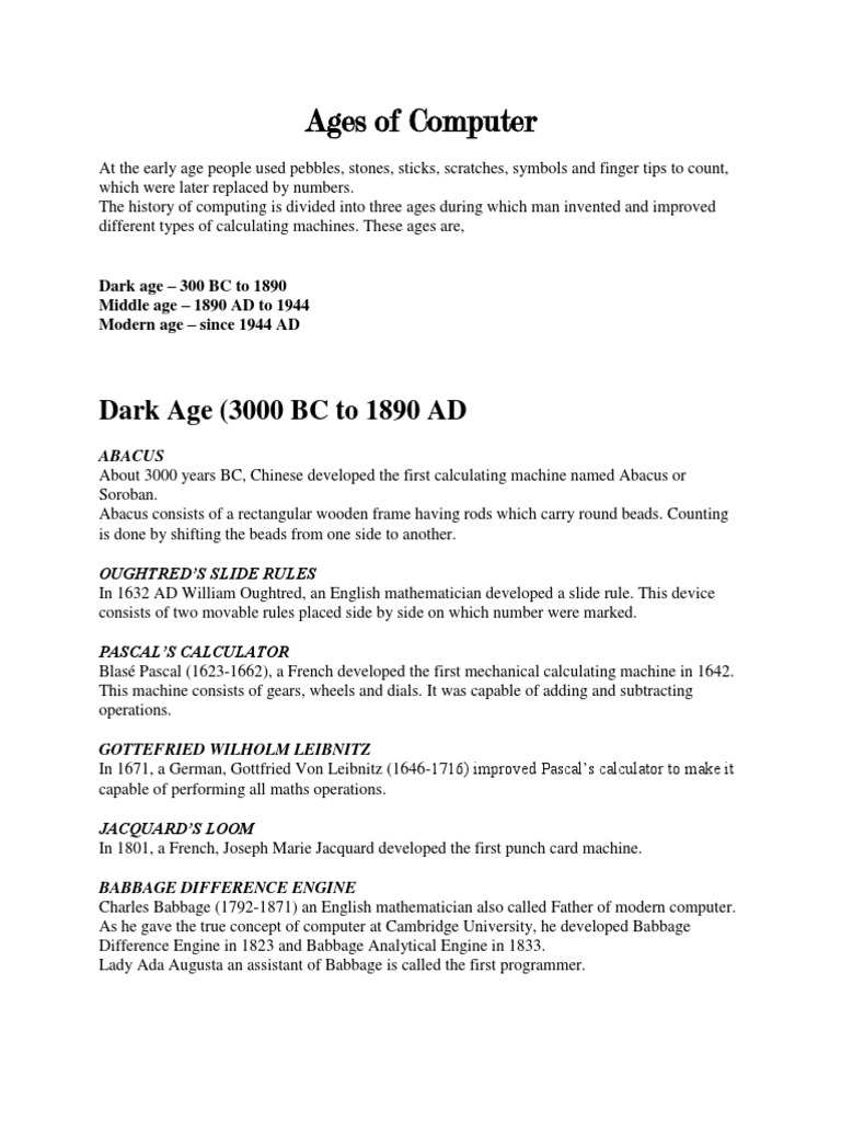 Ages of Computer: Dark Age (3000 BC To 1890 AD | PDF | Digital ...