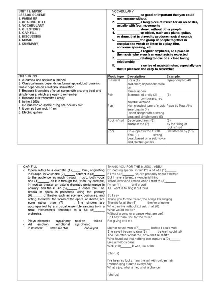 Unit 12: Music Lesson Scheme 1. Warm-Up 2. Reading Text 3. Vocabulary 4 ...