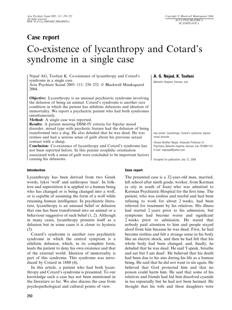 Co-Existence of Lycanthropy and Cotard's Syndrome in A Single Case ...