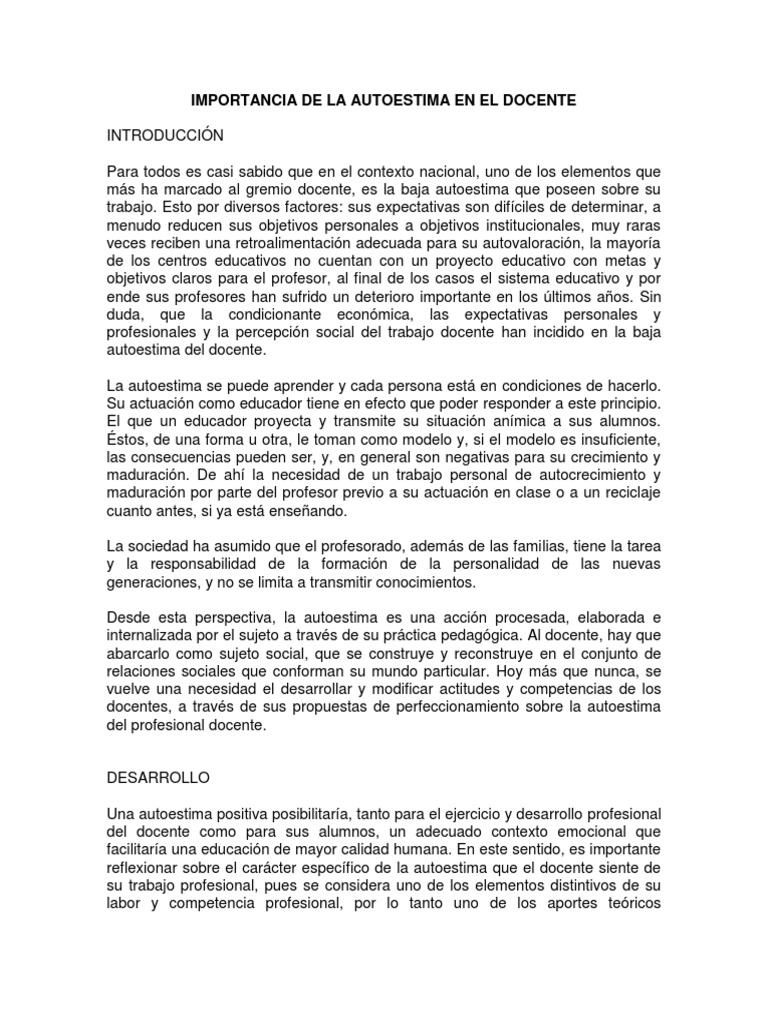 Autoestima Del Docente | PDF | Autoestima | Maestros