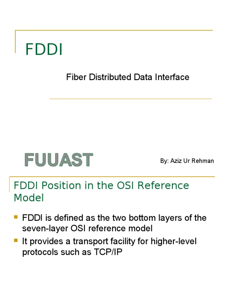 Fiber Distributed Data Interface: By: Aziz Ur Rehman | PDF | Ethernet | Computer Network