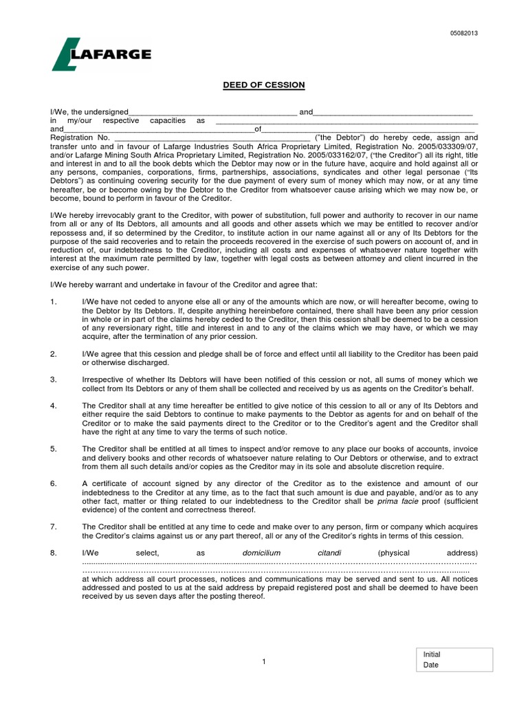 2 - Deed of Cession 05 August13 | PDF | Debt | Civil Law (Legal System)