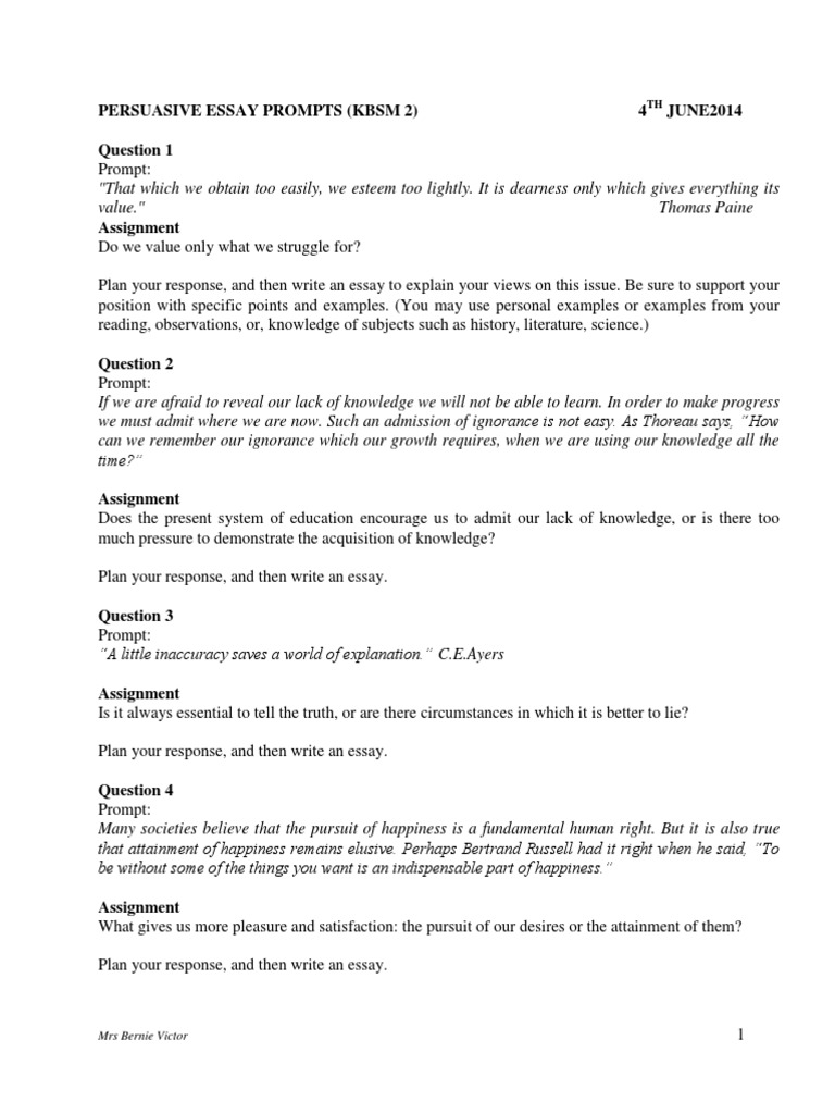 Persuasive Essay Prompts (KBSM 2) 4 JUNE2014: Mrs Bernie Victor | PDF ...