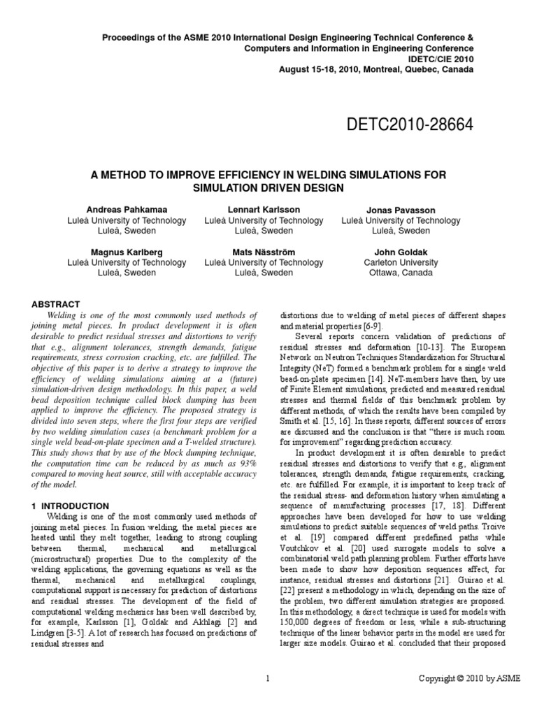 A Method To Improve Efficiency In Welding Simulations For Simulation