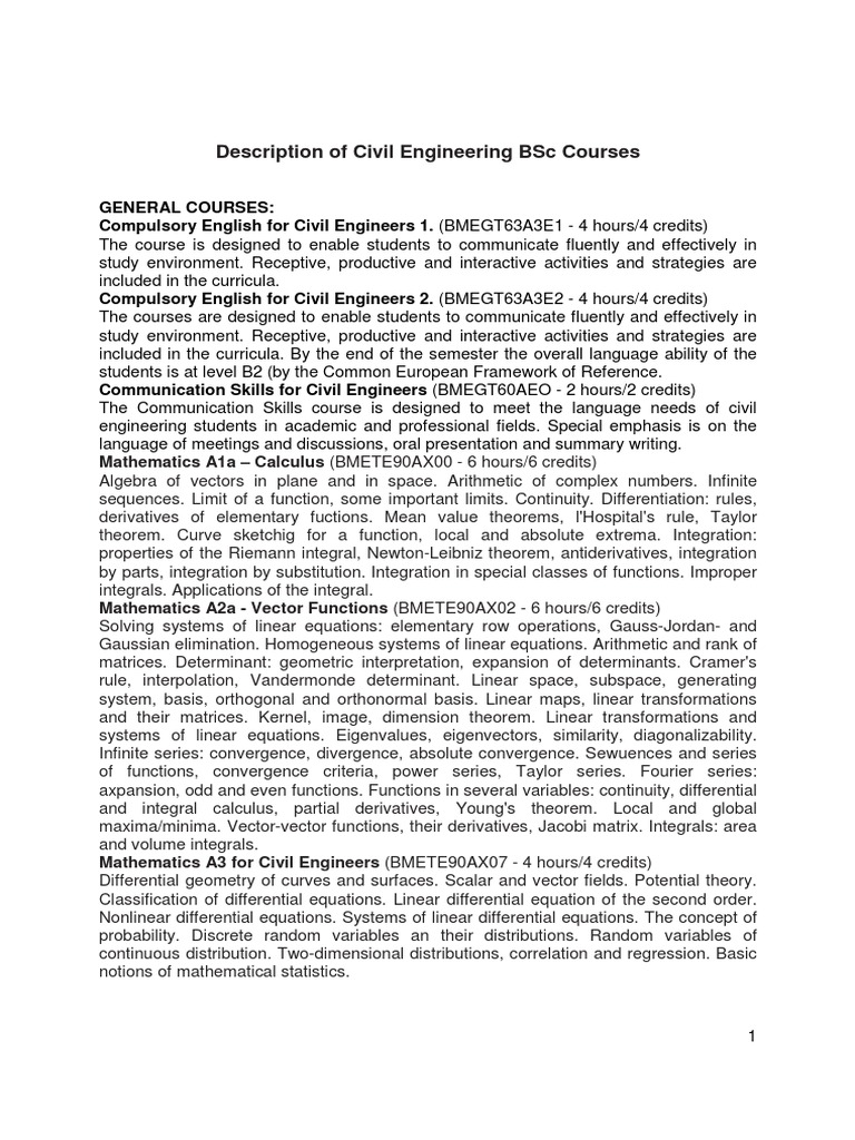 Description BSC in CE Courses | PDF | Surveying | Integral