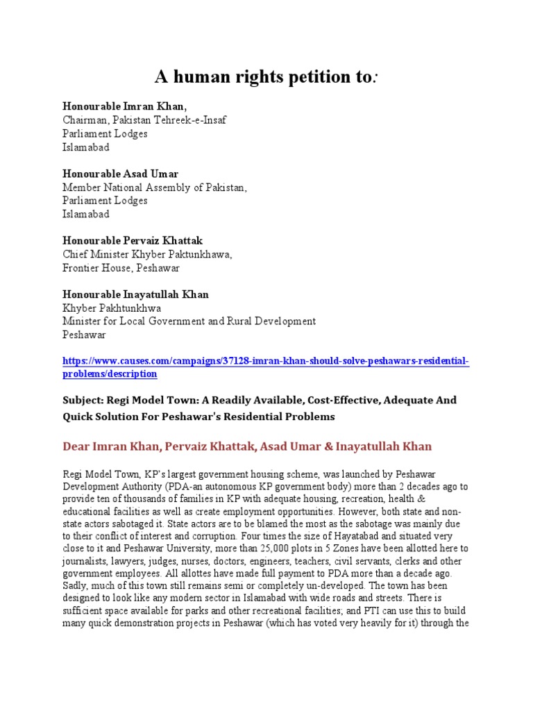 A Human Rights Petition To:: Dear Imran Khan, Pervaiz Khattak, Asad ...