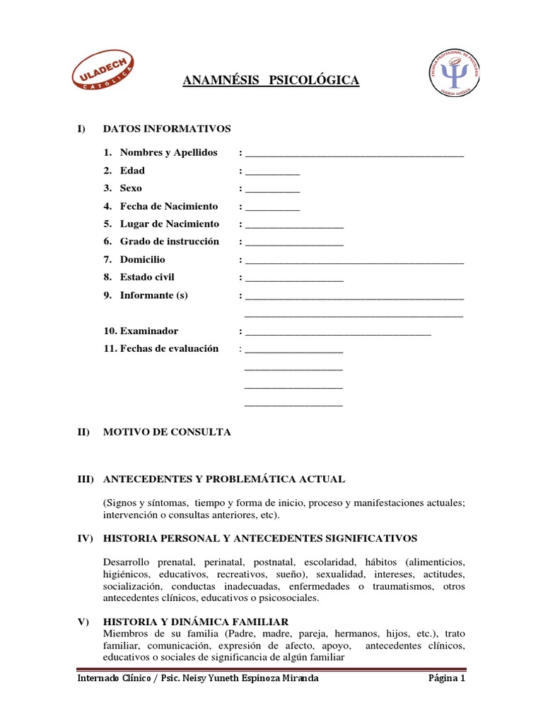 Modelo de Anamnésis Psicológica Uladech Ok | PDF