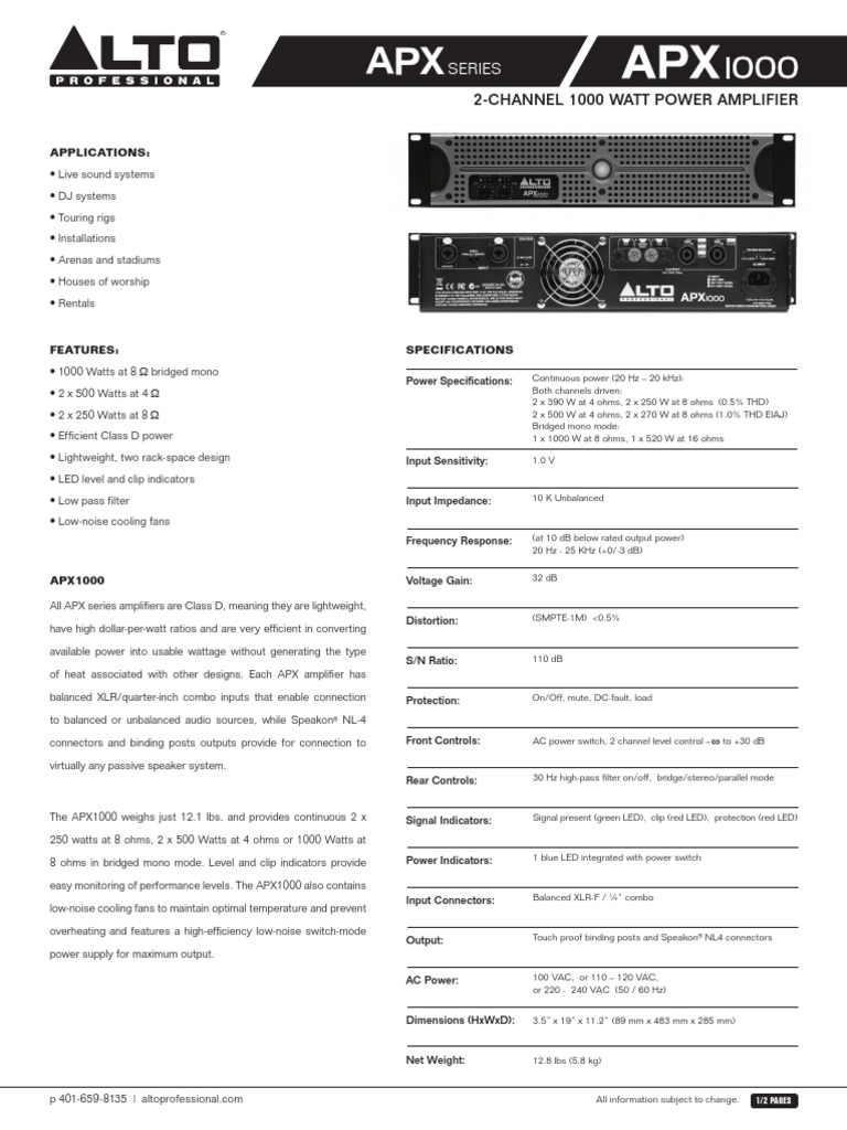 Alto Apx1000 Specs A | PDF | Hertz | Watt