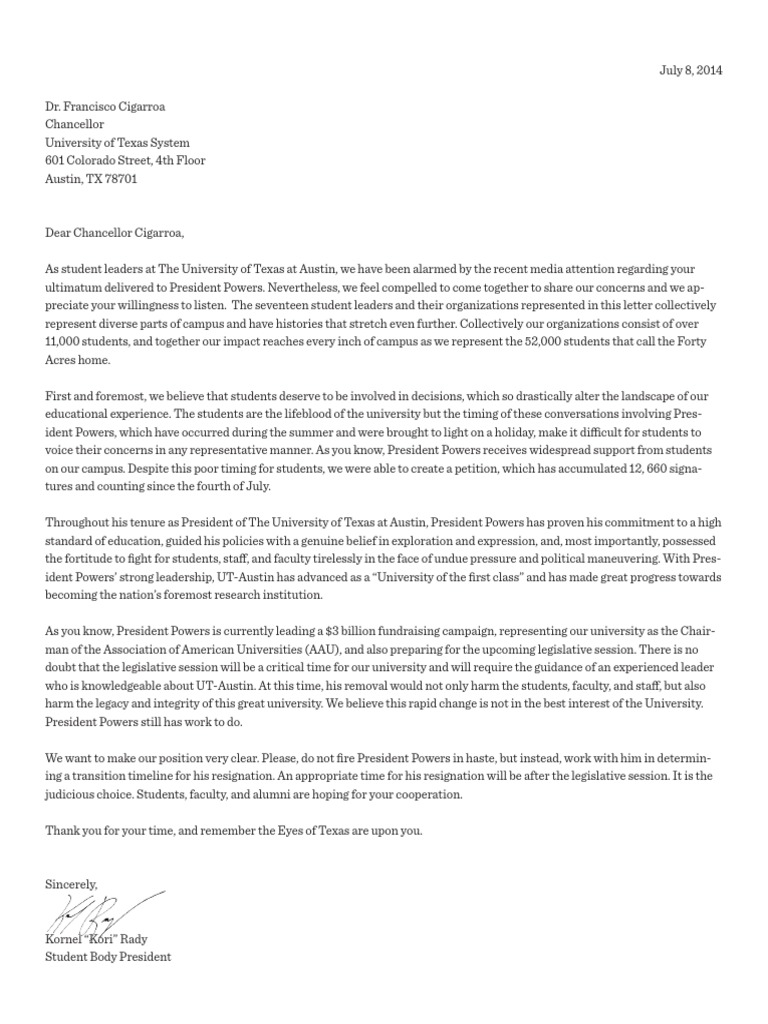 Student Leader Letter - in Support of Powers | PDF | University Of ...