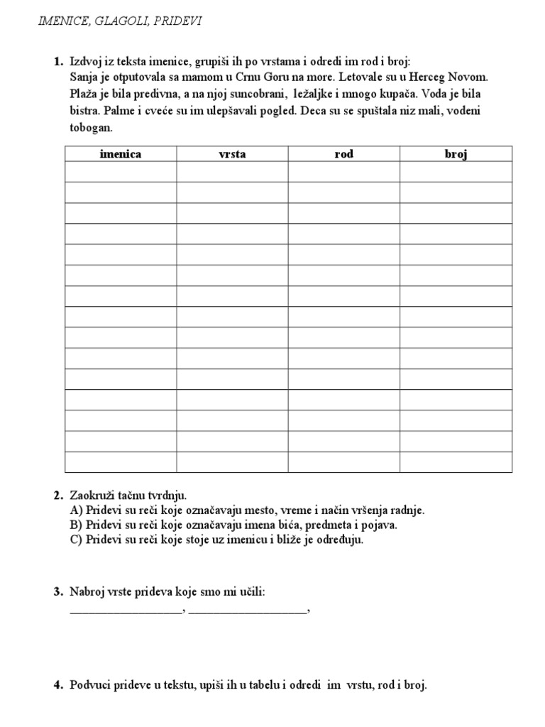Imenice Glagoli Pridevi | PDF