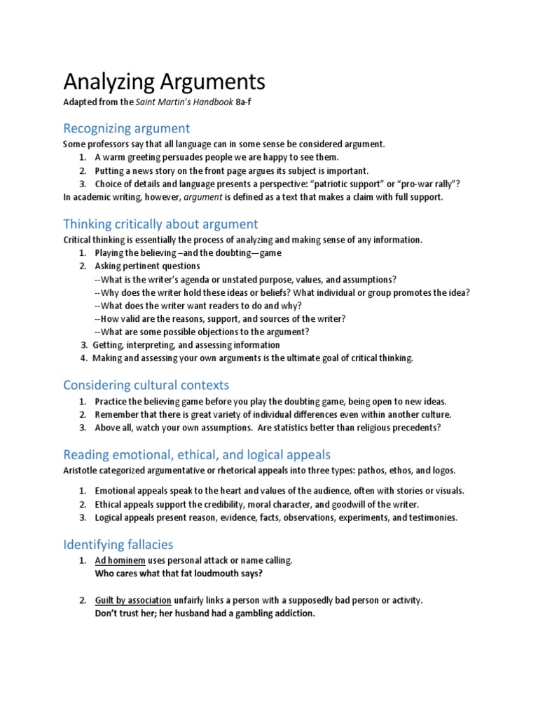 Analyzing Arguments Argument Critical Thinking