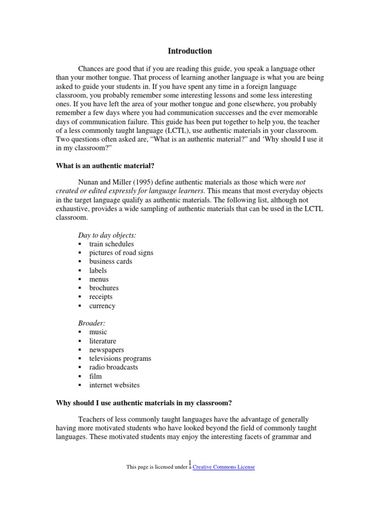 Introduction Authentic Materials | PDF | Lesson Plan | Vocabulary