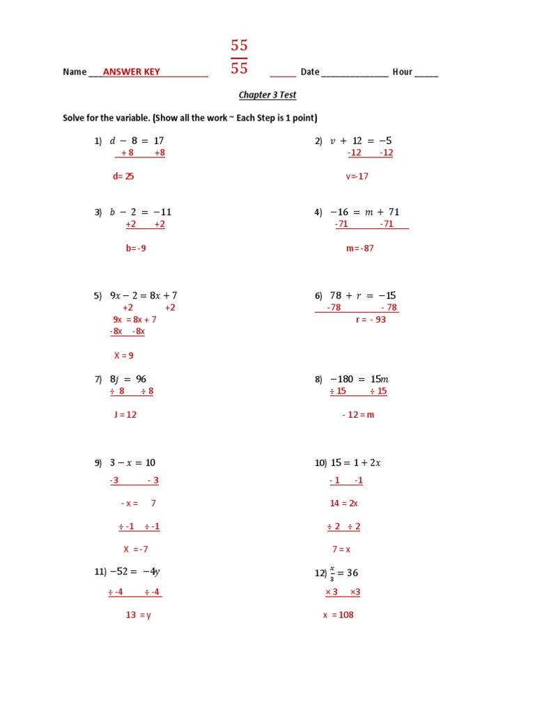 7th Grade Equations Test Answer Key | PDF | Teaching Mathematics ...