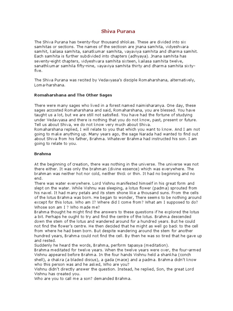 Shiva Purana: Summary and Insights | PDF | Puranas | Hindu Literature