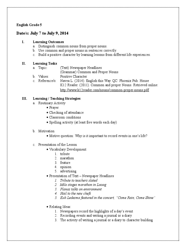 Grade 5 Lesson Plan | PDF | Style (Fiction) | Grammar